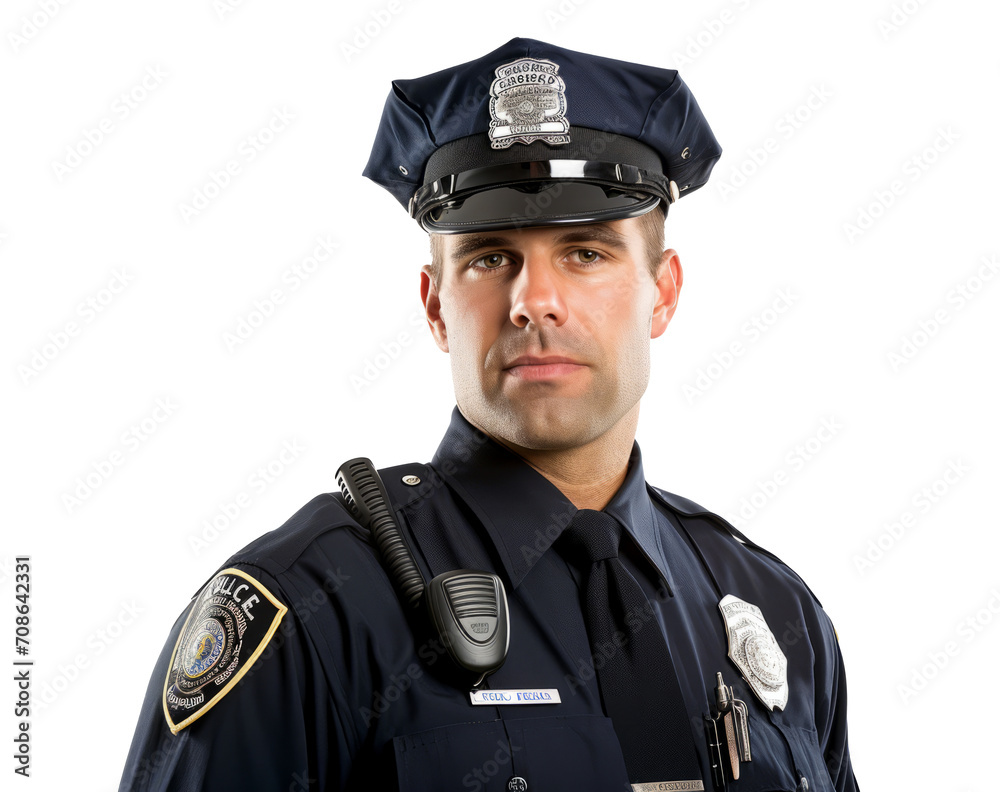 Stoic police officer in uniform, badge visible, on transparent PNG ...