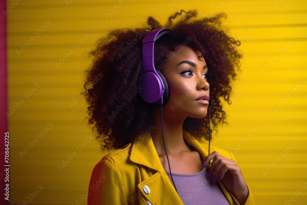 black woman listening to music with yellow headphones and a violet ...