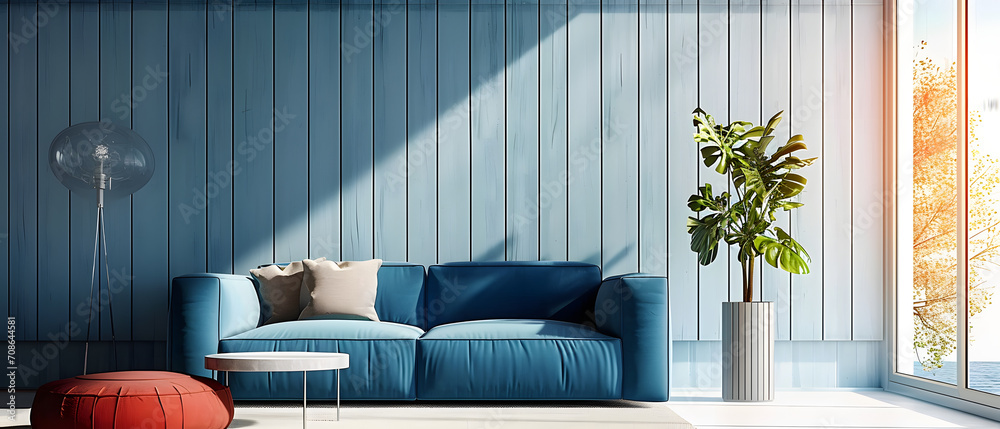 Blue sofa against paneling wall. Minimalist loft home interior design ...