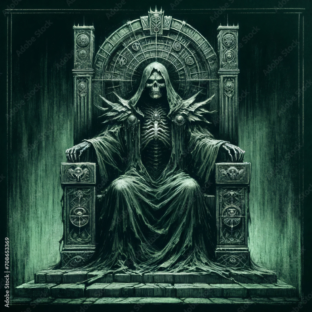 Square ratio chalk drawing capturing a foreboding Death King, seated ...