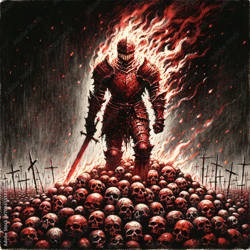 Square ratio chalk drawing capturing a burning death knight as he ...