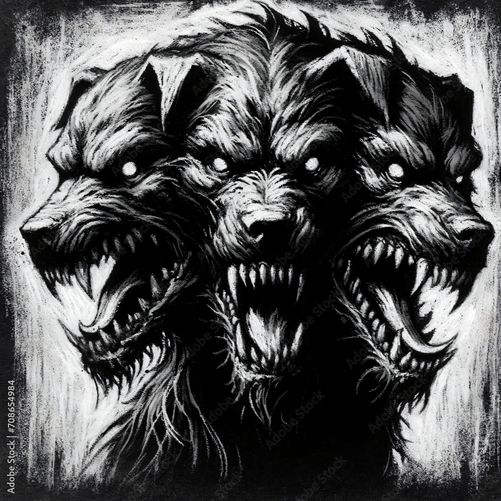 Square ratio chalk drawing of Cerberus, the three-headed hellhound from ...