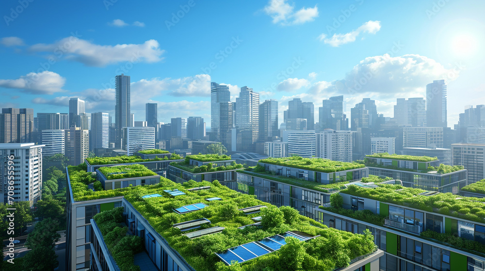 Foto de Green Roof and Solar Panels A cityscape view showcasing ...
