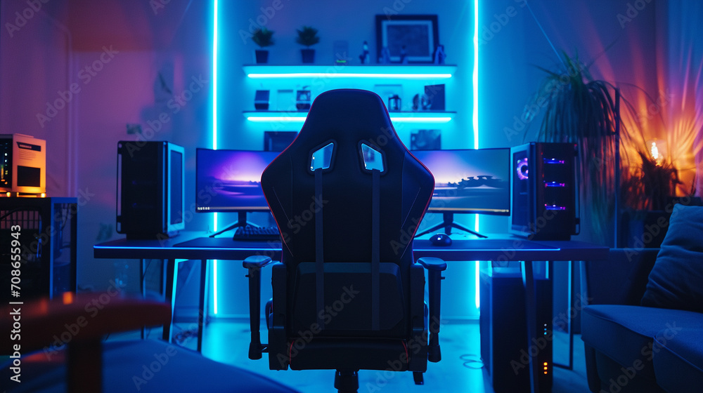 Blue LED Gaming Setup A high-tech gaming setup with blue LED lights ...