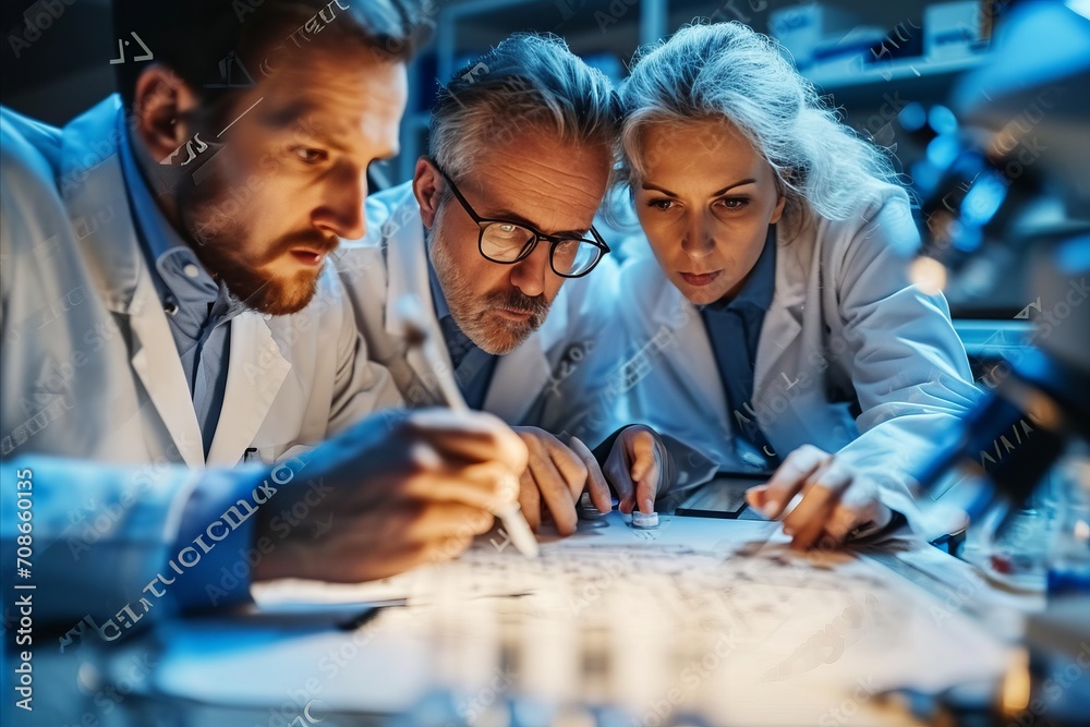 Collaborative scientists analyzing data in an innovative atmosphere of ...