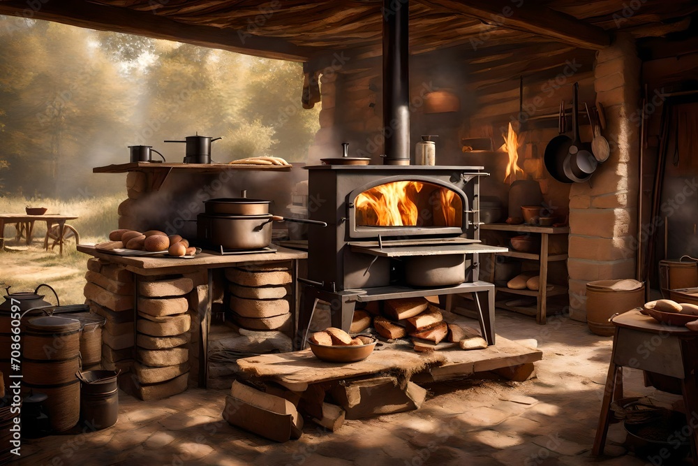 the rustic charm of an outdoor wood stove used for baking bread and ...