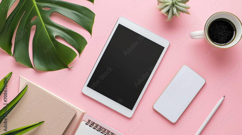 A digital tablet and notebook on a pink background is a juxtaposition ...