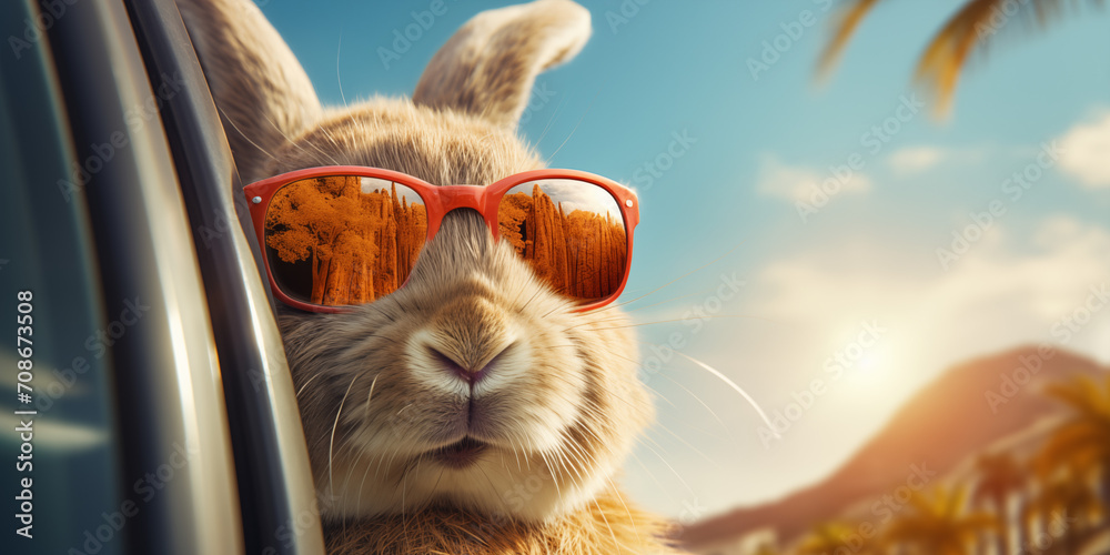 Hare Bunny Rabbit in Car with Head out the Window Driving Wearing Sunglasses on bright spring ...