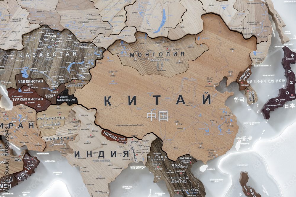 Wooden map of China and neighboring countries, names of countries in ...