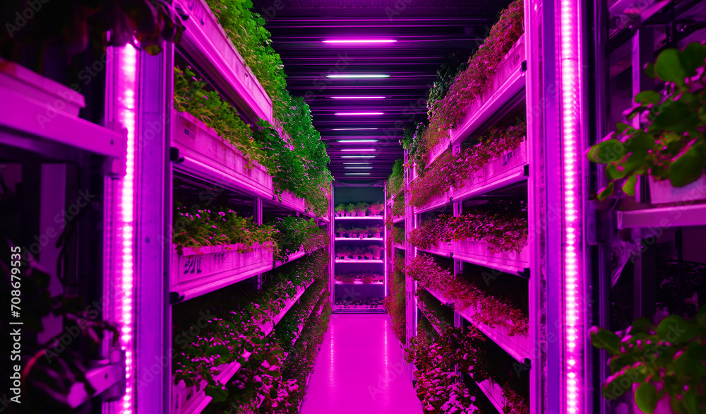 indoor vertical farm with rows of leafy greens growing under purple LED ...