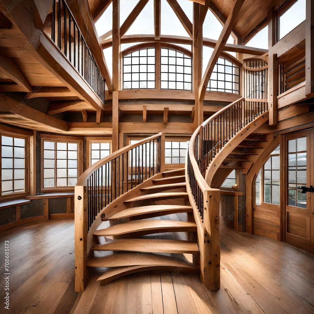 Unique timber frame staircase leading to a loft with rounded windows ...