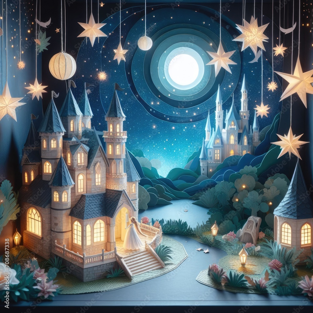Paper diorama of a fairy tale castle and town under a starry night sky ...