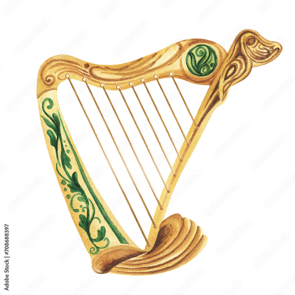 Fantasy Harp with abstract Watercolor yellow spot and green floral ...