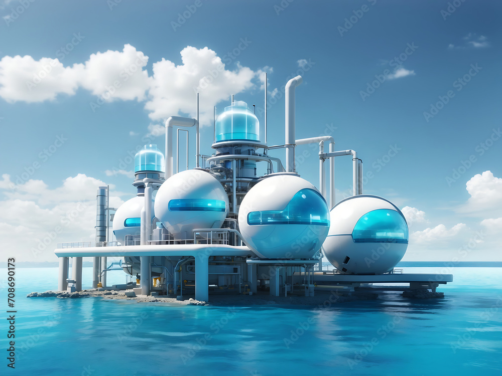 Futuristic building with large spheres and pipes on a small island in ...