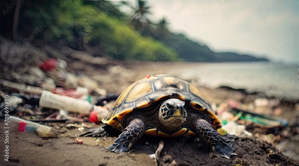 Sea Turtle Amidst Plastic Waste on Polluted Beach. littered shore ...