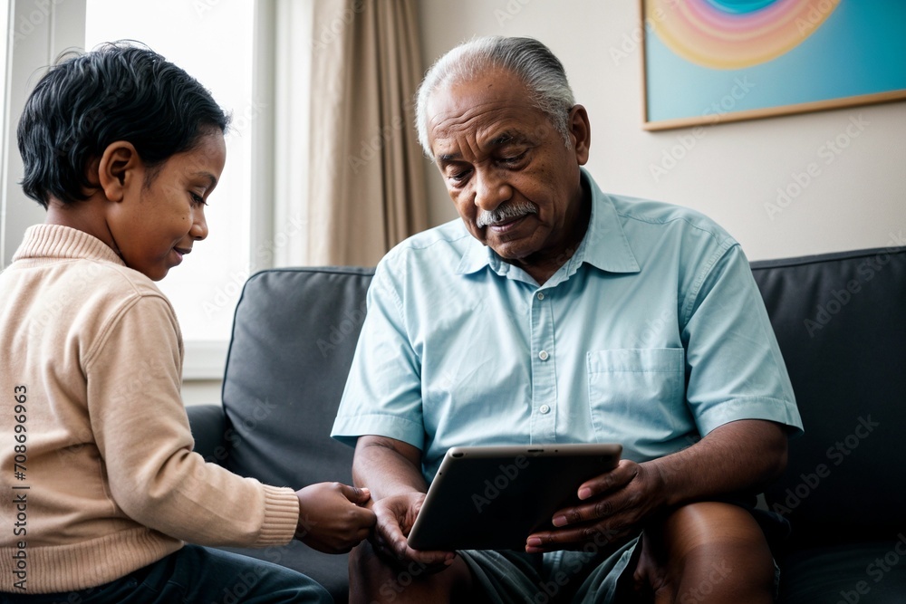 Foto de a grandparent and a child interacting using ipads as the child ...