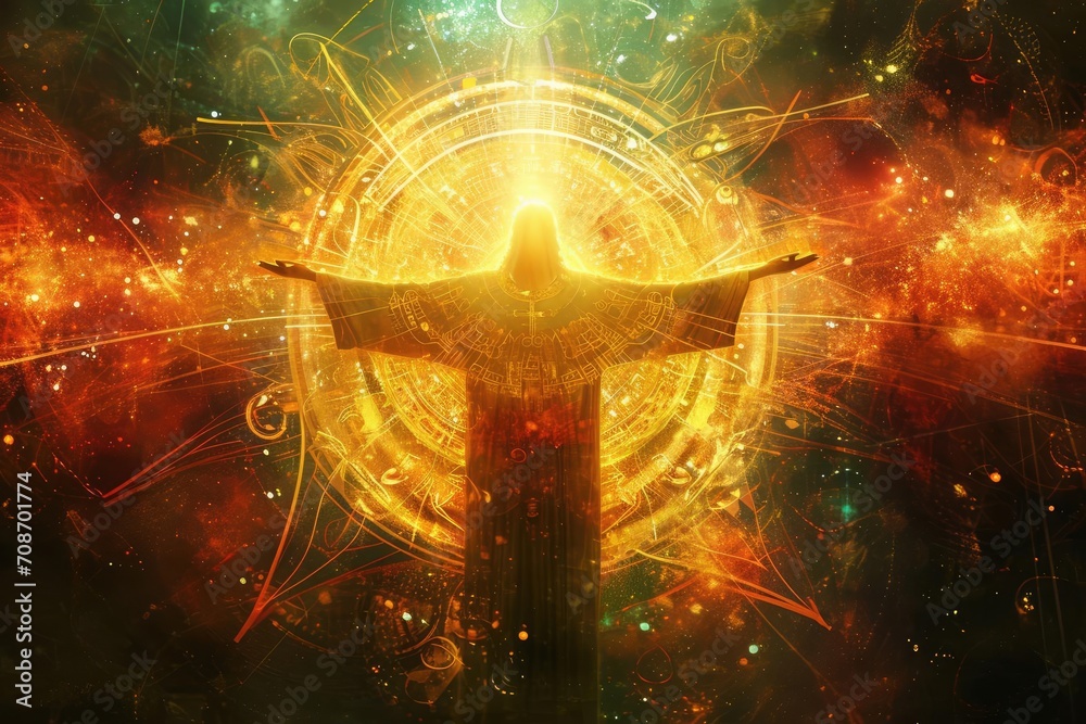 Abstract representation of jesus with radiant light and sacred symbols ...