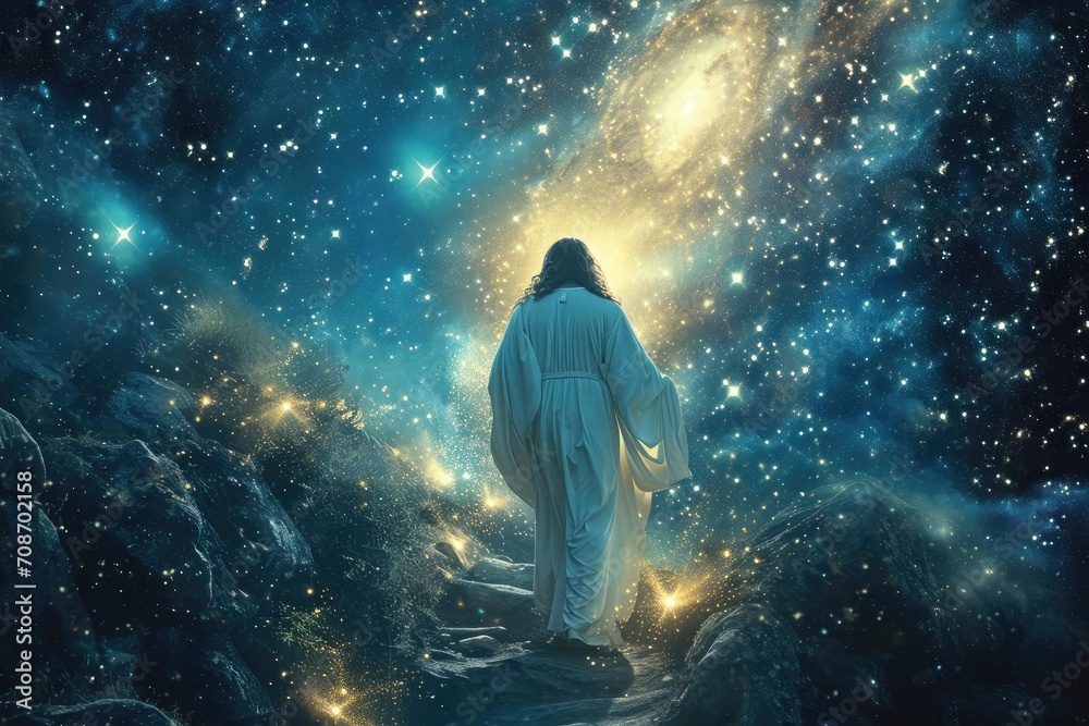 Dreamlike depiction of jesus walking on a path of stars Symbolizing ...