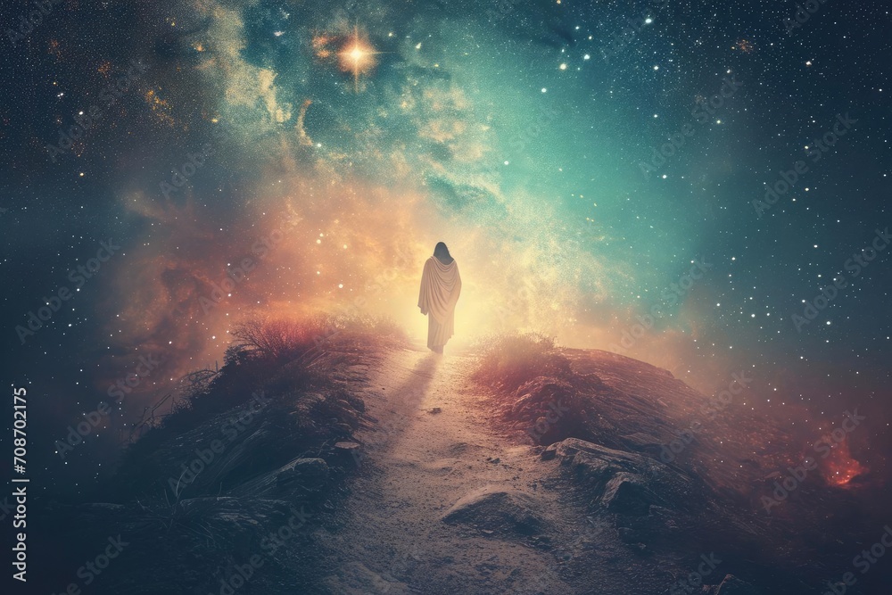 Dreamlike depiction of jesus walking on a path of stars Symbolizing ...