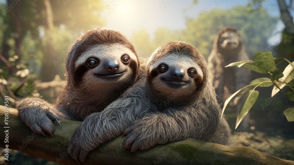 Two sloths playfully hanging side by side, their limbs gracefully ...