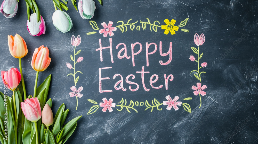"Happy Easter" in pastel chalk on a blackboard with a floral border ...