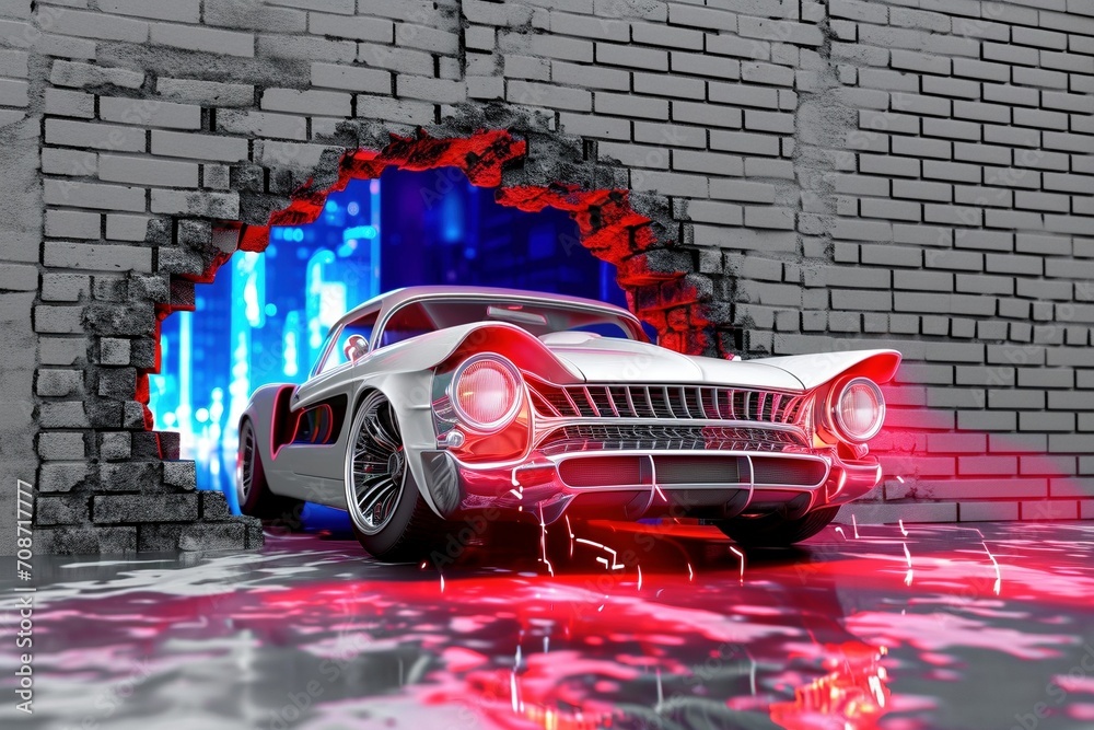 vintage car crashing through white brick wall broken wall on floor ...