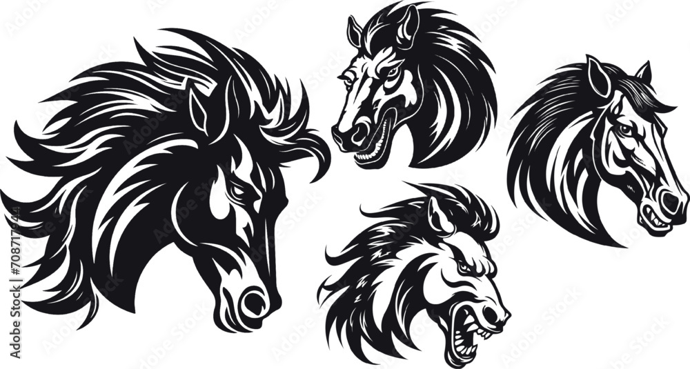 angry colt set , horse silhouettes. vintage logo line art concept ...