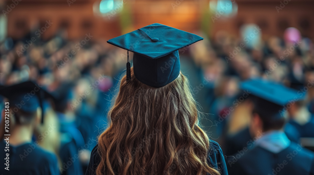 Graduate woman students wearing graduation hat and gown, back view of ...