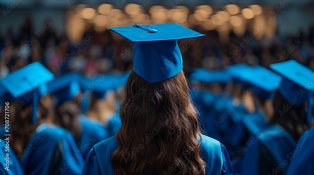 ภาพประกอบสต็อก Graduate woman students wearing graduation hat and gown ...