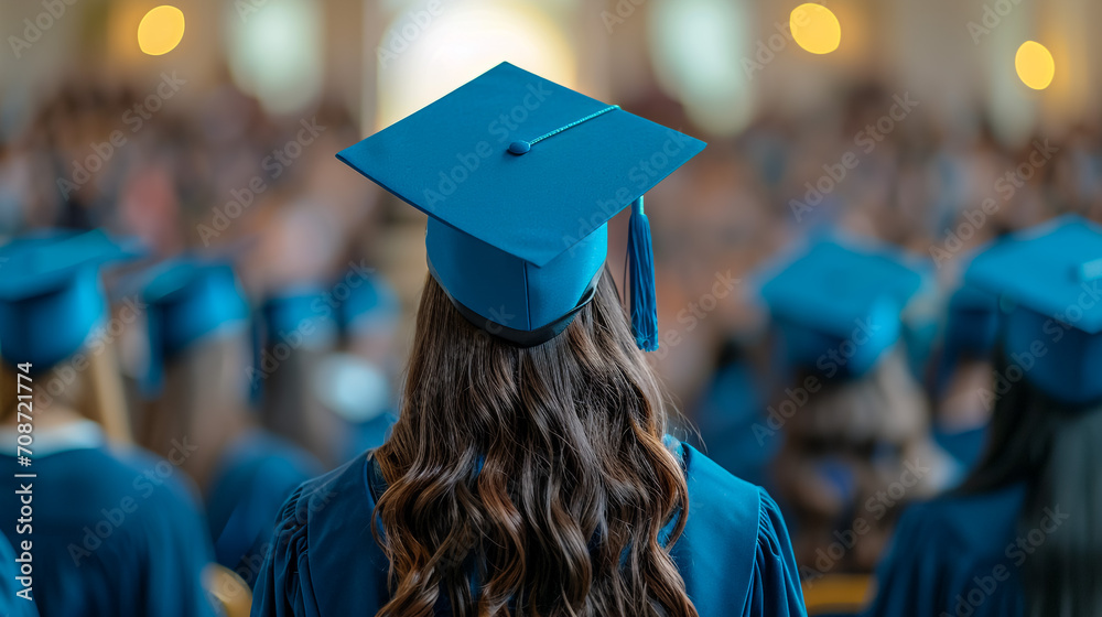 Graduate woman students wearing graduation hat and gown, back view of ...