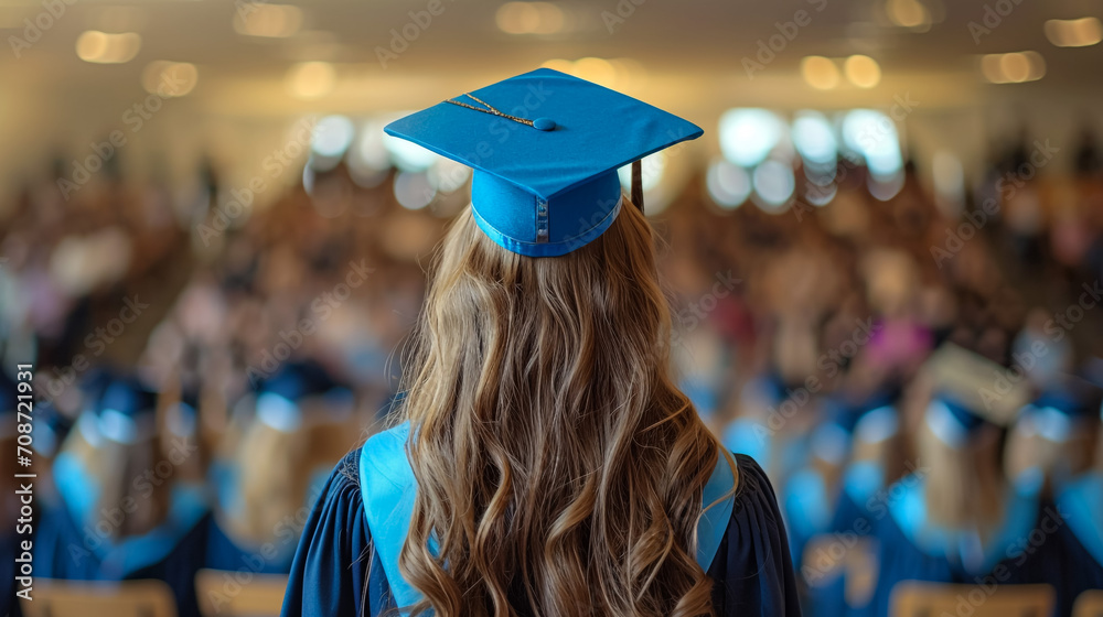 Graduate woman students wearing graduation hat and gown, back view of ...