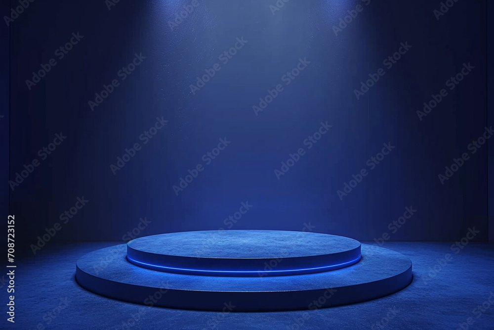 Dark blue round stage with soft shadow lights coming from the top Stock ...