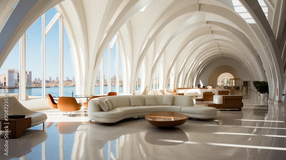 Bright modern hotel lobby with white vaulted ceiling and large windows ...