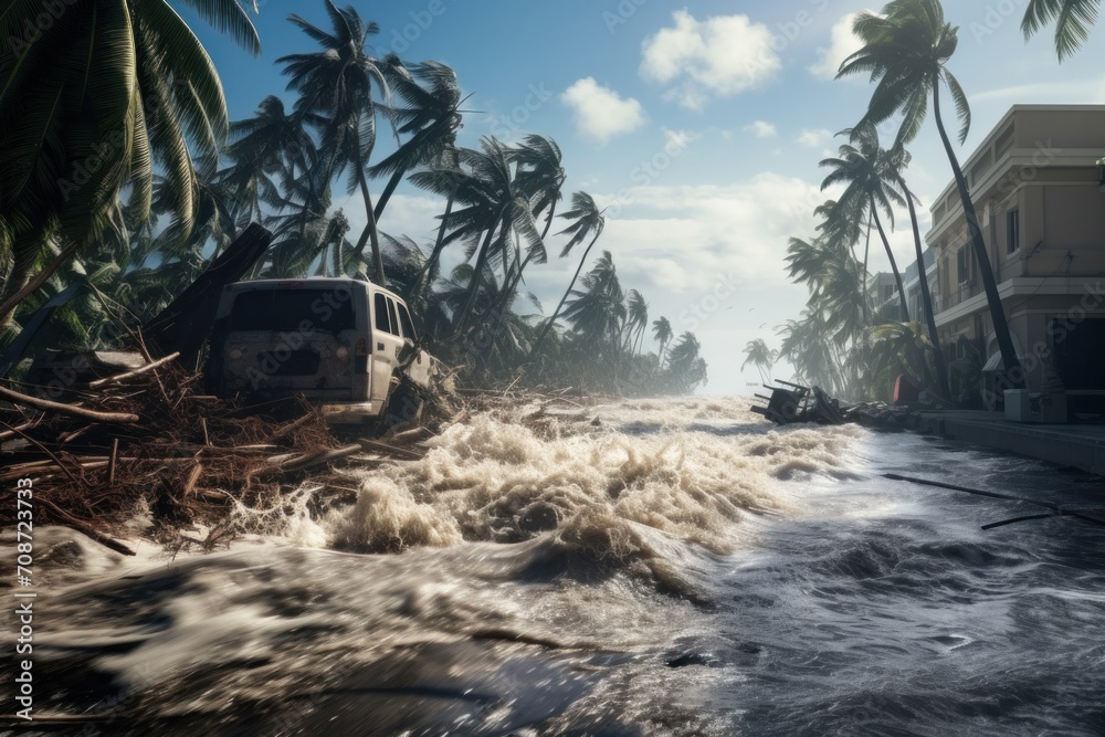 Tropical storm surge flooding coastal area with vehicle and palms ...