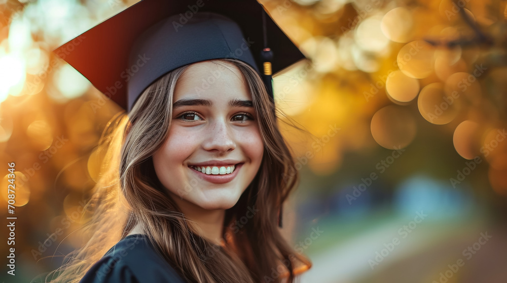 Graduation day, back view, a young student in a graduation cap and ...