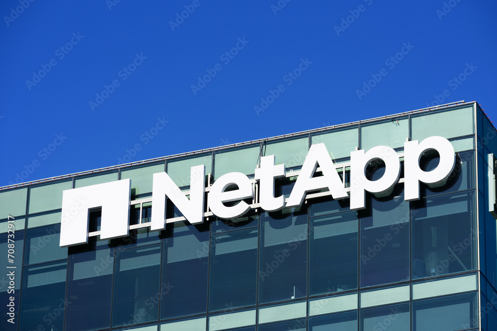NetApp sign, logo on headquarters building facade of software company ...