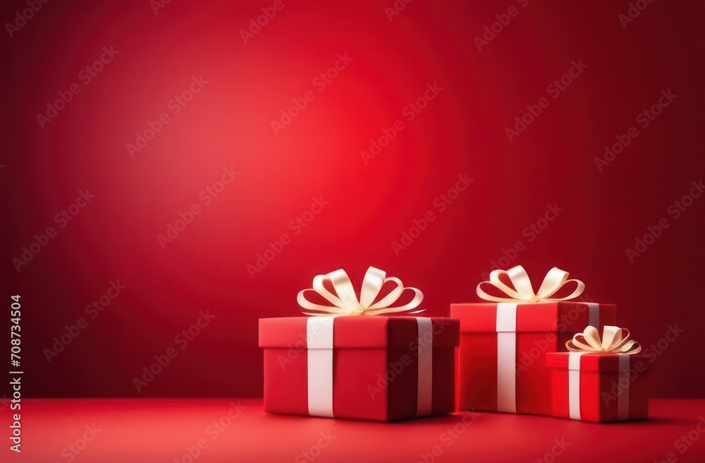 On a red background on the right side is located three red gifts with a ...