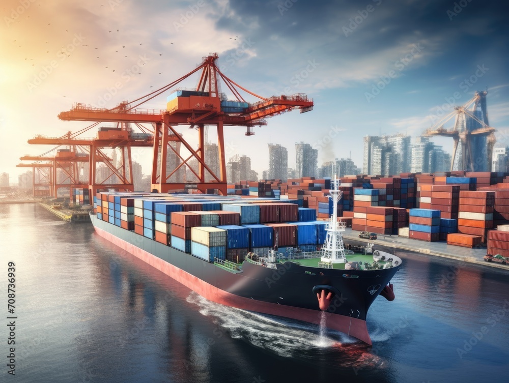 Cargo Ship Departing Port. A laden container ship leaves port against a ...