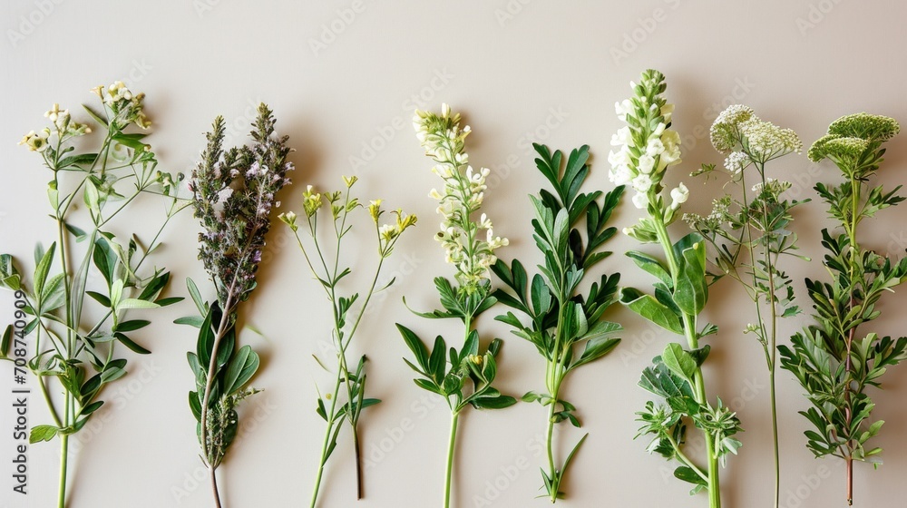 a group of different types of flowers on a white surface with green ...