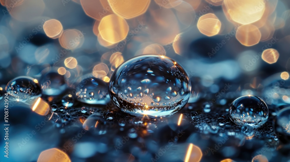 a group of water droplets sitting on top of a blue surface with a lot ...
