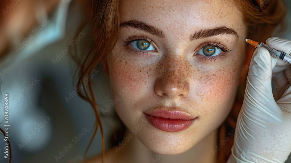 Aesthetic medicine, a doctor makes a local injection on the face of a ...