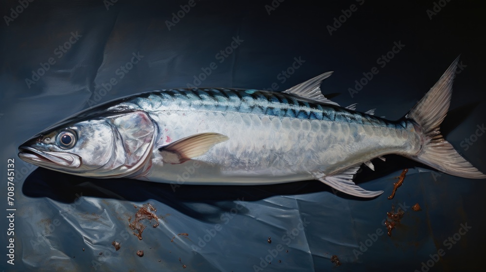 a fish that is laying down on a piece of blue paper with a bite taken ...
