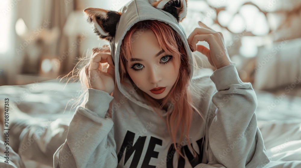 Fantasy photography of a beautiful woman with half human half cat breed ...