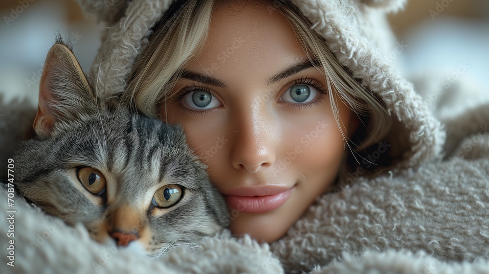 Foto de Fantasy photography of a beautiful woman with half human half cat breed, wearing an ...