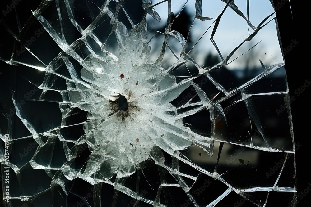 broken window glass with a hole from gun shot. Street violence. Broken ...