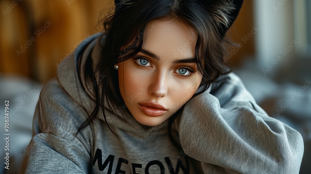 Fantasy photography of a beautiful woman with half human half cat breed ...