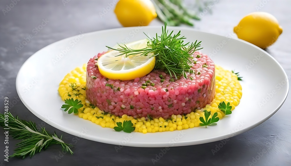 Beef tartar with lemon and herbs, greenery and spices, served on ...