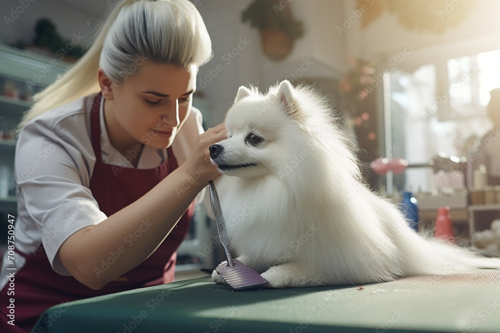Witness a professional groomer in a pet shop delicately holding a dog's ...