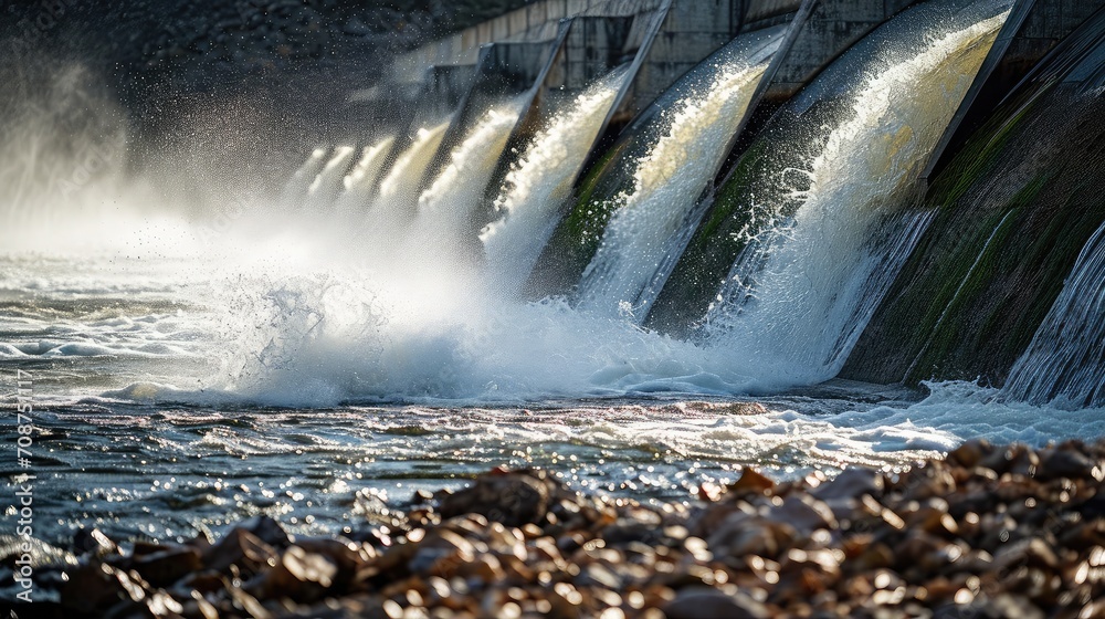 clear freshwater spilling over the rounded dam edges. The overspill ...
