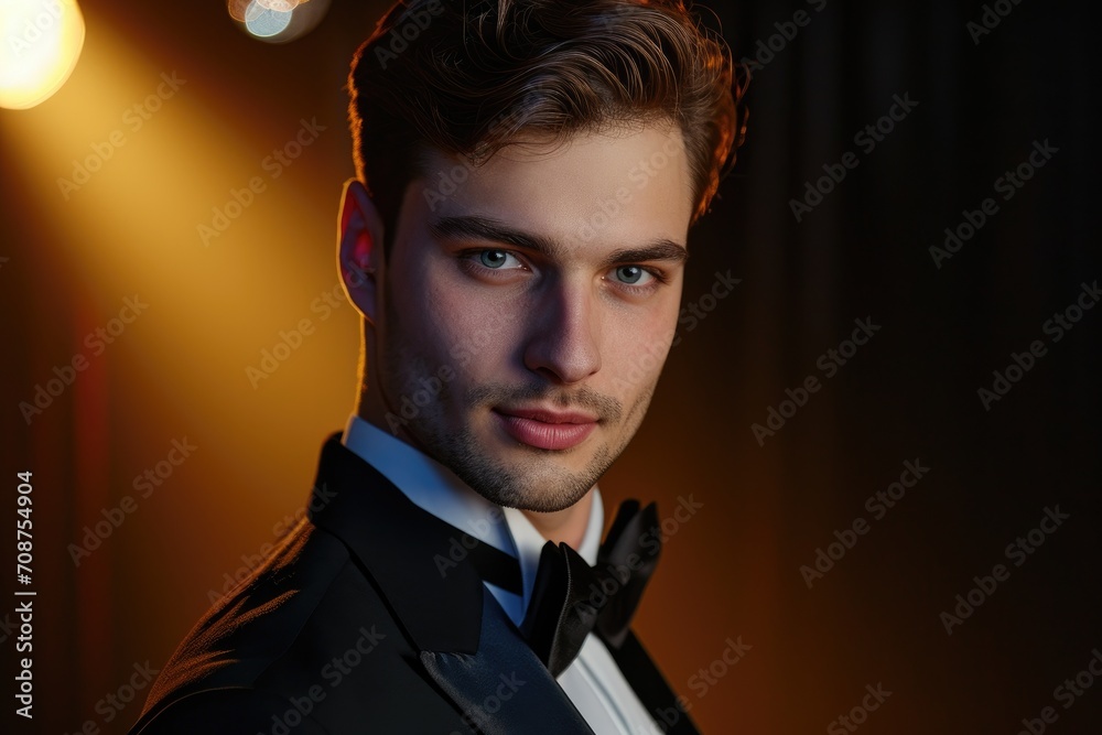 Close-up studio portrait of a man with an elegant, ballroom dancer look ...